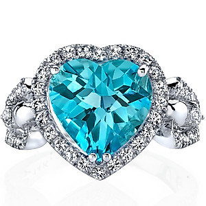 PEORA Swiss Blue Topaz and White Topaz Signature Sweetheart Ring for Women 14K White Gold, Genuine Gemstone Birthstone, 4 Carat Heart Shape 10mm, Size 9