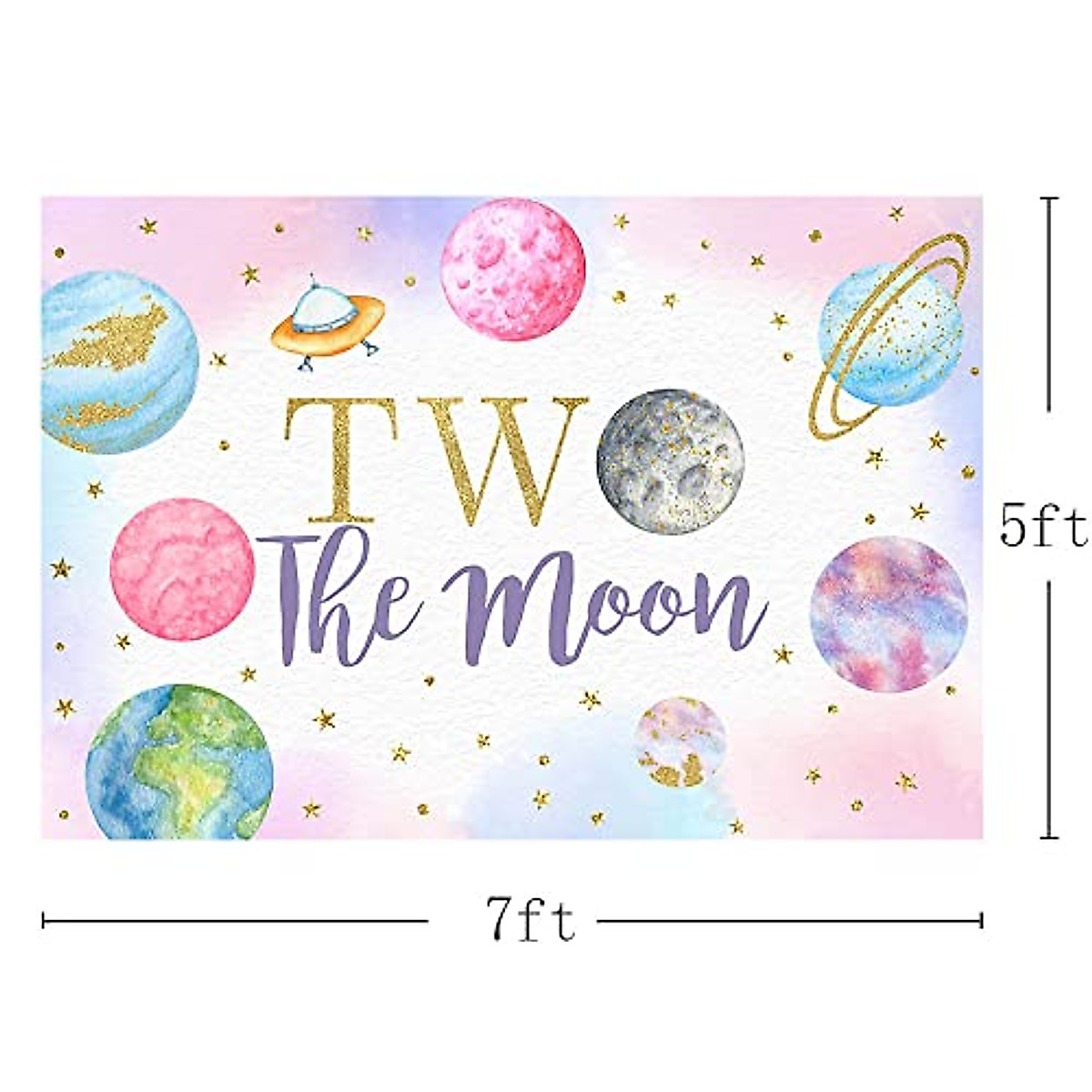 MEHOFOND 7x5ft Outer Space Two The Moon Backdrop Girl Happy 2nd Birthday Pink Gold Party Supplies Galaxy Planets Stars Theme Background Decor Photobooth Props Banner