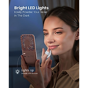 Gaiatop Handheld Mini Fan, 3 Speed Portable Lash Fan Makeup Mirror with LED Light, 2000mAh USB Rechargeable Personal Desk Fan with Stand, Small Hand Fan for Outdoor Travel Gifts for Women Girls Pink