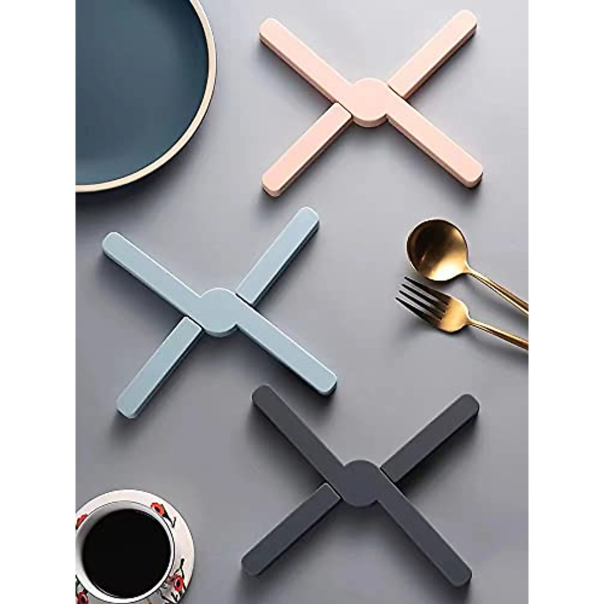 4 Pack Foldable Silicone Trivet Mats, Hot Pot Holder Hot Pads Drying Mat Heat Resistant for Table Kitchen (4 Pack Foldable X-Shaped)