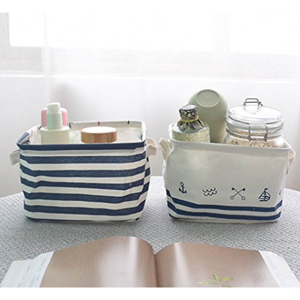 Lannu Nautical Fabric Storage Baskets Bins Cloth Collapsible Organizers Box Beach Anchor Nursery Toys Basket Shelves & Desks Pack 3