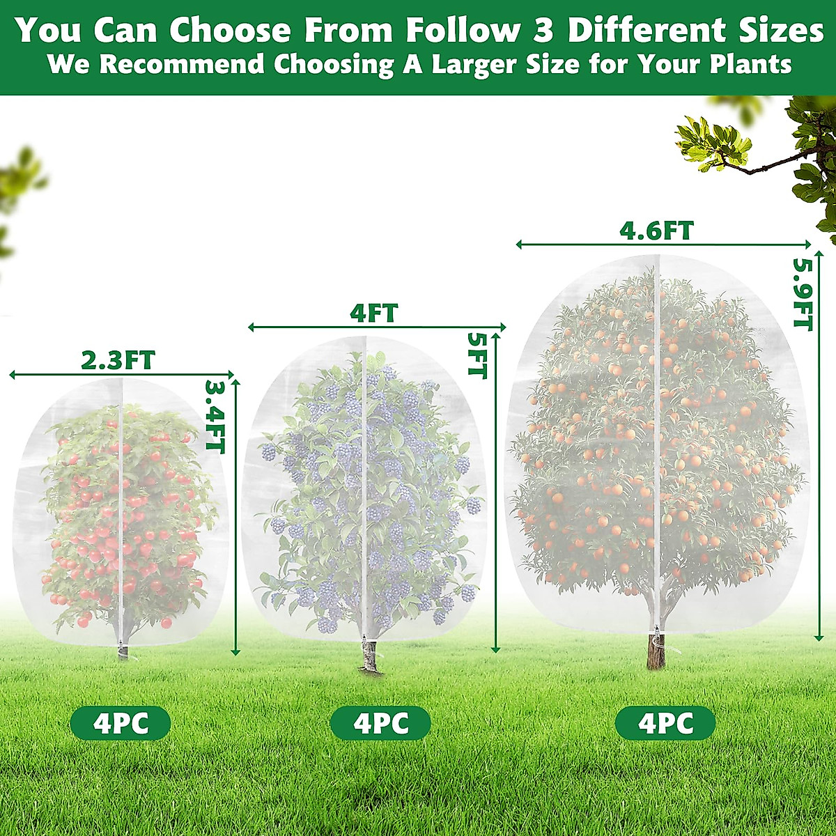 OZMI 4 Pack Garden Plant Fruits Blueberry Bushes Protection Netting Covers Barrier Bags with Metal Zipper & Drawstring, Garden Plant Tree Blueberries Bush Protector Mesh Net Bags(4 x 5 Ft)