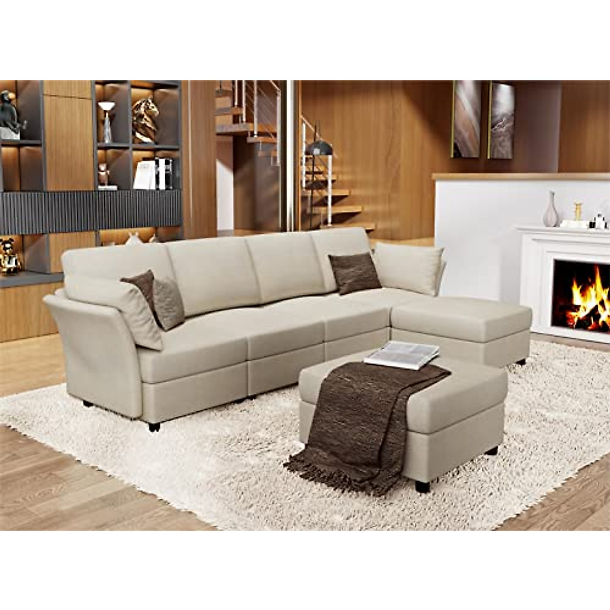 AMERLIFE Modular Sectional Couch with Ottomans- 6 Seat Sofa Couch for Living Room, Convertible U Shaped Couch with Chaise, Oversize Sofa Beige