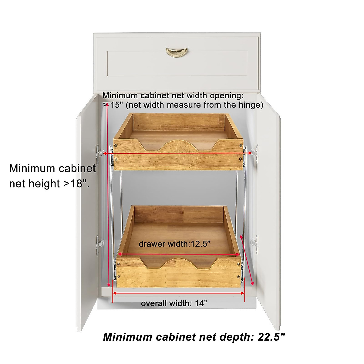 DINDON 2 Tier Pull Out Cabinet Organizer (14" W x 21" D) Double Tier Slide Out Wood Drawer Under Cabinet Storage And Organization