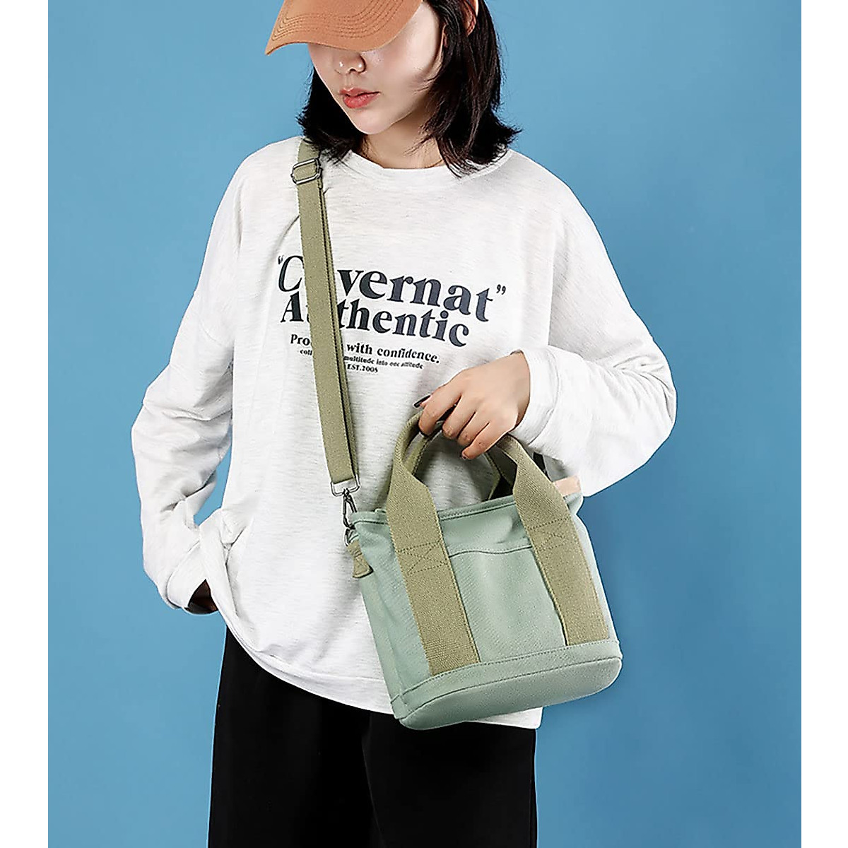 Women's canvas handbag Multi -capacity canvas bag Hobo Cross shoulder bag hand -grabbing wallet Green