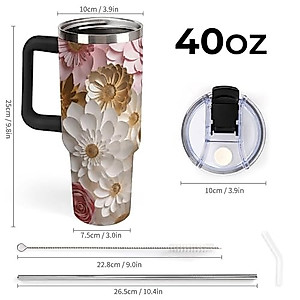 NVBSKKDH Pink White Gold Flowers 40 Oz Stainless Steel Tumbler with Handle & Straw Double-Walled Vacuum Insulated Travel Mug for Hot/Cold Drinks, Reusable Thermal Cup for Car Cup Holder