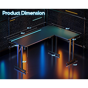 MOTPK L Shaped Gaming Desk with Led Lights, 51 Inch Gaming Computer Desk with Carbon Fiber Texture, Pc Gaming Table with Power Outlet and Headphone Hook, L Desk for Gaming, Black