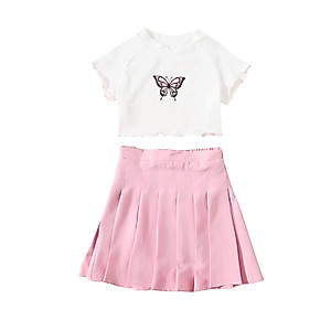SOLY HUX Girl's Butterfly Print Short Sleeve Tee Top and Pleated Skirt Set 2 Piece Outfits White Pink 11-12Y