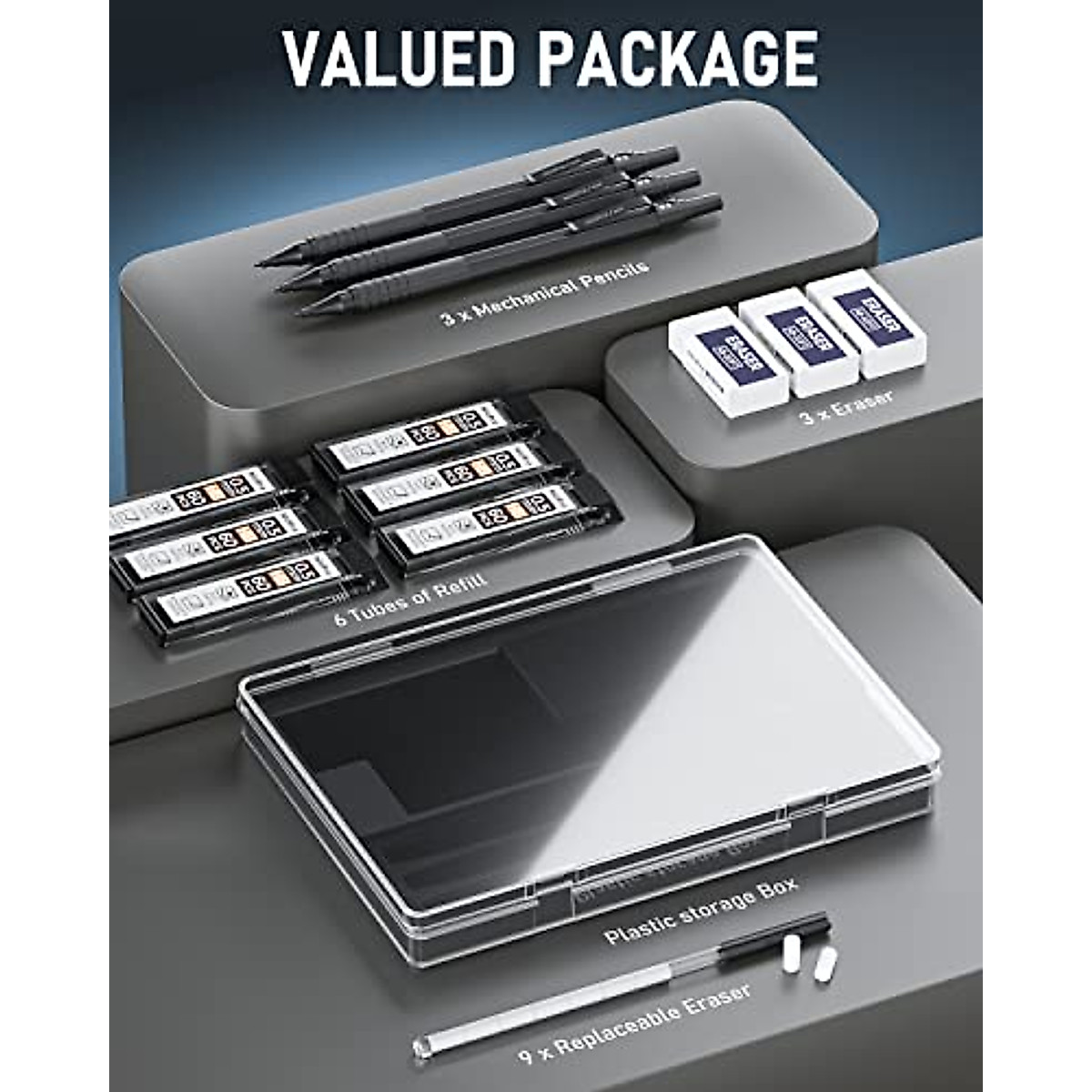 Nicpro 0.5 mm Mechanical Pencils Set with Case, 3 Metal Artist Pencil With 6 Tubes HB Lead Refills, 3 Erasers, Eraser Refills For Architect Art Writing Drafting, Drawing, Engineering, Sketching, Black