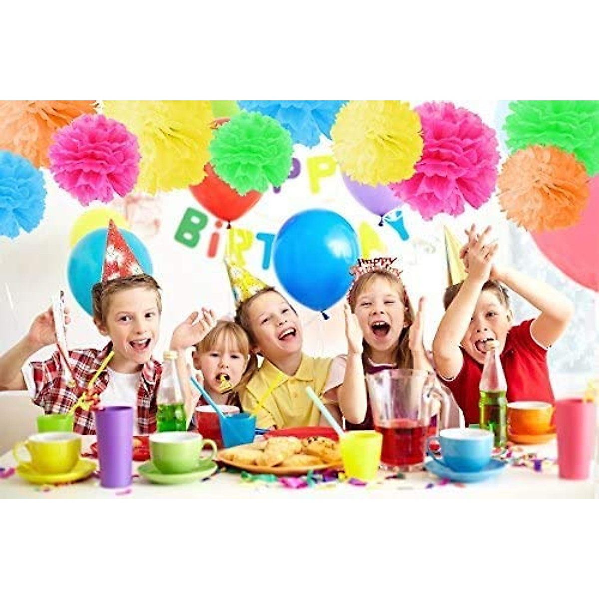 Tissue Paper Pom Poms Paper Flowers for Wedding, Birthday Celebration Party Decorations and Outdoor Decor 15 Pcs of 8,10,14 Inch (Rainbow)