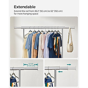 SONGMICS Clothes Rack with Wheels, Heavy-Duty Clothing Rack for Hanging Clothes, Portable Garment Rack, with Extendable Hanging Rail, 220 lb Load Capacity, Silver UHSR13SV1