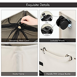 Lifesela 22" Pro Rolling Laundry Basket, Large Laundry Hamper on Wheels, Collapsible Dirty Clothes Hamper with Drawstring Mesh Cover, Corner Clothes Storage Basket Laundry Bin with Handle (Beige)