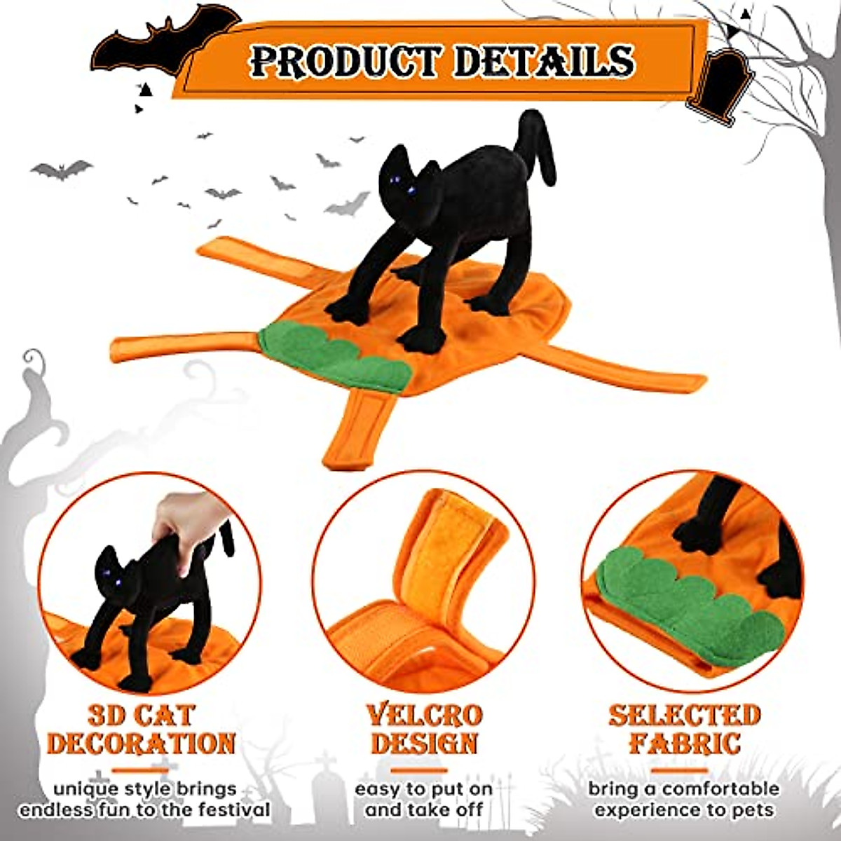 Small Dogs Cats Halloween Costume, Puppy Adjustable Cloths with Black Cat Pumpkin Decoration, Funny Pet Cosplay for Halloween Party, M