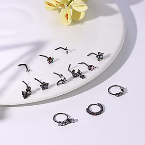 Drperfect 12PCS 20G Nose Rings Studs Stainless Steel Nose Rings Hoop for Women Men Paved CZ Butterfly Flower Nose Nostril Piercing Jewelry L Shaped Nose Ring Stud Set