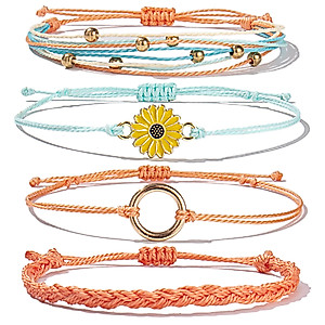 FANCY SHINY Sunflower String Bracelet Handmade Braided Rope Charms Boho Surfer Bracelet for Women(Coral)