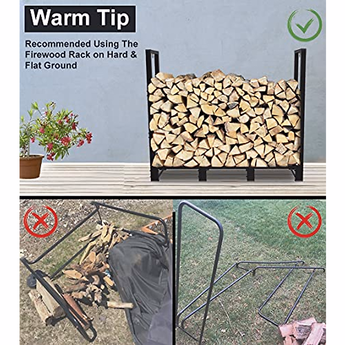 Koutemie 4Ft Outdoor Firewood Rack Holder for Fireplace Wood Storage, Adjustable Fire Log Stacker Stand, Black