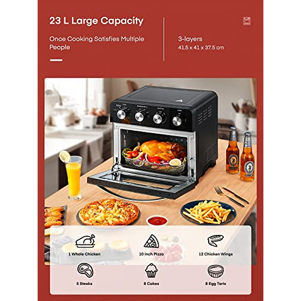 FOHERE Air Fryer Oven Combo, 6 Slice 24 QT Multi-function Convection Oven, 1700W Toaster Oven for Rotisserie, Dehydrate, Air Fry, Bake & Reheat, Fry Oil-Free, Non-Stick Inner, 6 Accessories & 100 Recipes