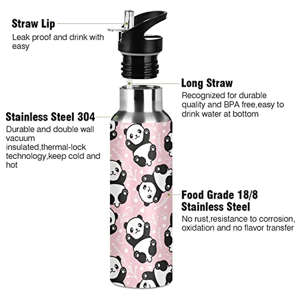 ALAZA Pink Pandas Water Bottle with Straw Lid Vacuum Insulated Stainless Steel Thermo Flask Water Bottle 20oz