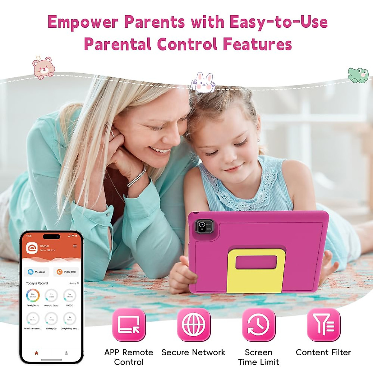 ApoloSign Kids Tablet 10 inch, Android 13 Tablet for Kids, 2+32GB Storage, Pre-installed Educational Apps with Ad-free Contents and Parental Control, 5000mAh Battery, EVA Shockproof Case - Pink