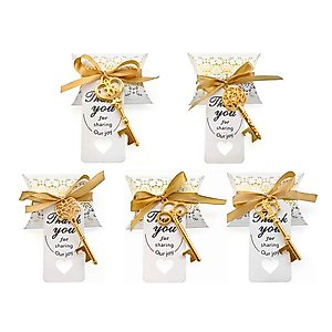 Kinteshun Wedding Party Favor Set,Skeleton Key Bottle Openers Candy Boxes Escort Tags and Ribbon Souvenir Gift Set(Gold Tone,50 sets with 5 Styles)