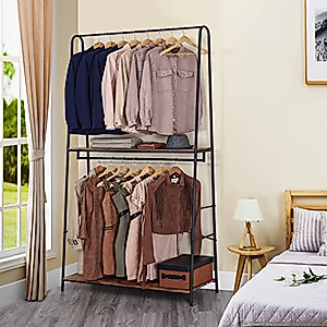Finnhomy Rustic Clothes Rack for Hanging Clothes Heavy Duty Clothing Garment Racks with 2-Tier wood Shelves, Metal Freestanding Closet Storage Rack Double Hanging Rails for Bedroom/Boutique