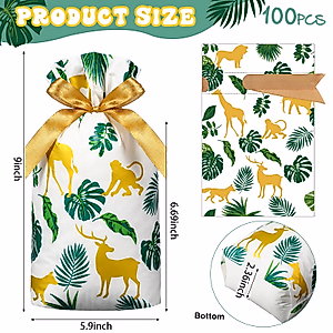 50 Pcs Jungle Animal Treat Bags Green Gold Safari Animal Palm Leaves PE Plastic Candy Goodie Bags Safari Party Favor Bags with Gold Drawstring Ribbons for Wild Jungle Baby Shower Birthday Party Favors