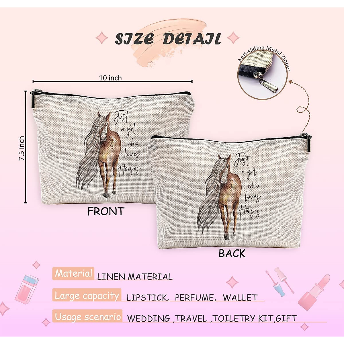 NEGIGA Just a Girl Who Loves Horses Makeup Bag Travel Cosmetic Bags for Women Girls,Farmhouse Horse Cosmetic Bags with Zipper Pouch Travel Toiletry Case,Gift for Horse Lovers,Horse Rider Gifts