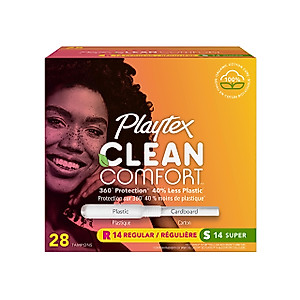Playtex Clean Comfort Organic Cotton Tampons, Multipack (14ct Regular/14ct Super Absorbency), Fragrance-Free, Organic Cotton - 28ct