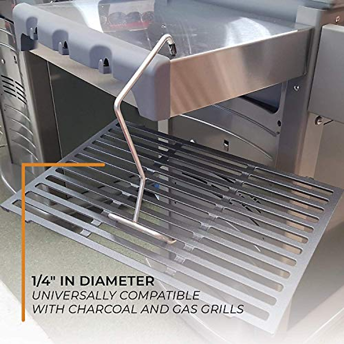 Kick Ash Basket Barbecue Grill Grate Lifter Tool with Table Hook and Handle for Charcoal and Gas Grills and Smokers, BBQ Grill Rack Lifter for Steel and Cast Iron Grill Grates, Stainless Steel