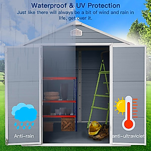 8x6FT Resin Outdoor Storage Shed, with Built-in Air Vent, Practical Window and Protective Cap, Tool House w/Padlock Compatible, 2 Pairs of Gloves, Waterproof & UV Protection, Grey