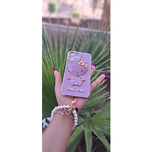 Fancy Kitty Phone Case for Iphone14 Pro Max, 6D Plating MIUMIU with Wrislet Beaded Staps Keyring, Mirror with Kickstand Design, Luxury and Girly, Glossy, Hands-Free (Purple)