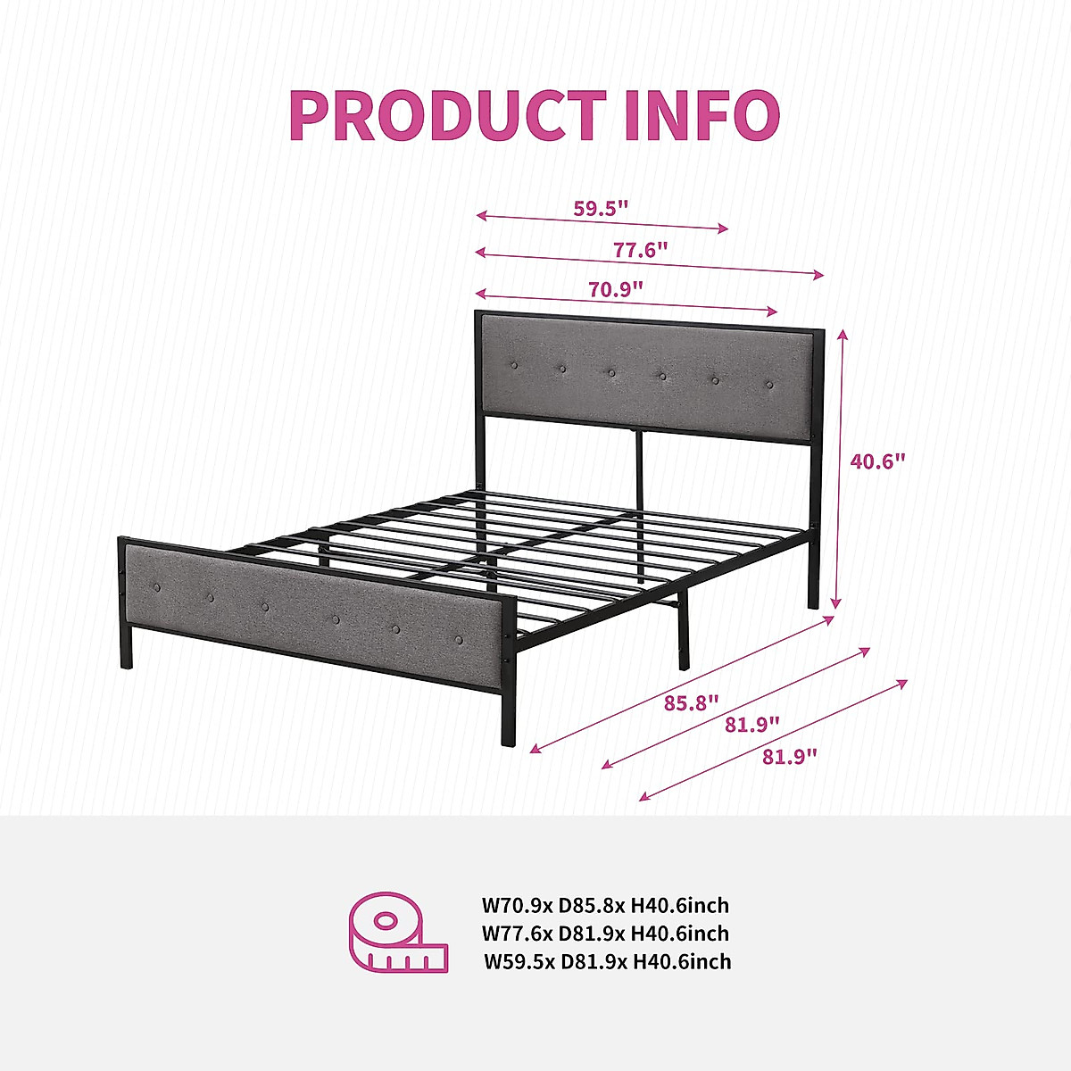 Mixoy Cal King Size Modern Metal Bed Frame with Linen Headboard, Platform Bed with Metal Slat Support, Noise Free, No Box Spring Needed(Cal King/Dark Grey)