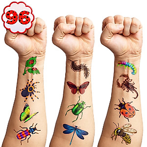 Bug Temporary Tattoos Insect Party Favors 96 PCS Bees, Spiders, Beetles, Caterpillar, Ladybug Themed Stickers for Kids Birthday Party Supplies, Decorations, Favors, and Prizes - Cute Gifts for Boys