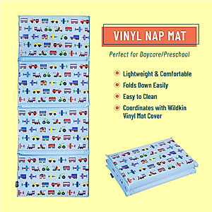 Wildkin Kids Vinyl Nap Mat – Foldable, Durable Rest Mat for Daycare & Preschool - Trains, Planes, and Trucks