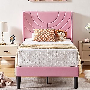 VECELO Twin Upholstered Platform Bed Frame with Fabric Headboard,Wooden Slats Support/No Box Spring Needed/Mattress Foundation for Girls,Boys,Pink