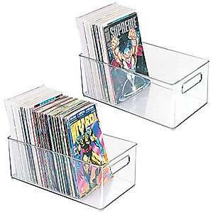 mDesign Deep Plastic Storage Organizer Container Bin, Game and Comic Organization for Cabinet, Cupboard, Playroom, Shelves, Closet - Holds Video Games, Tablets, DVDs, Ligne Collection, 2 Pack, Clear