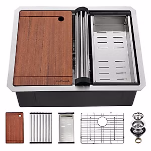 EcoChannels Undermount Kitchen Sink, 24 x 19 Inch Sink Kitchen 16 Gauge Stainless Steel Kitchen Sinks Single Bowl Workstation Sink with Cutting Board