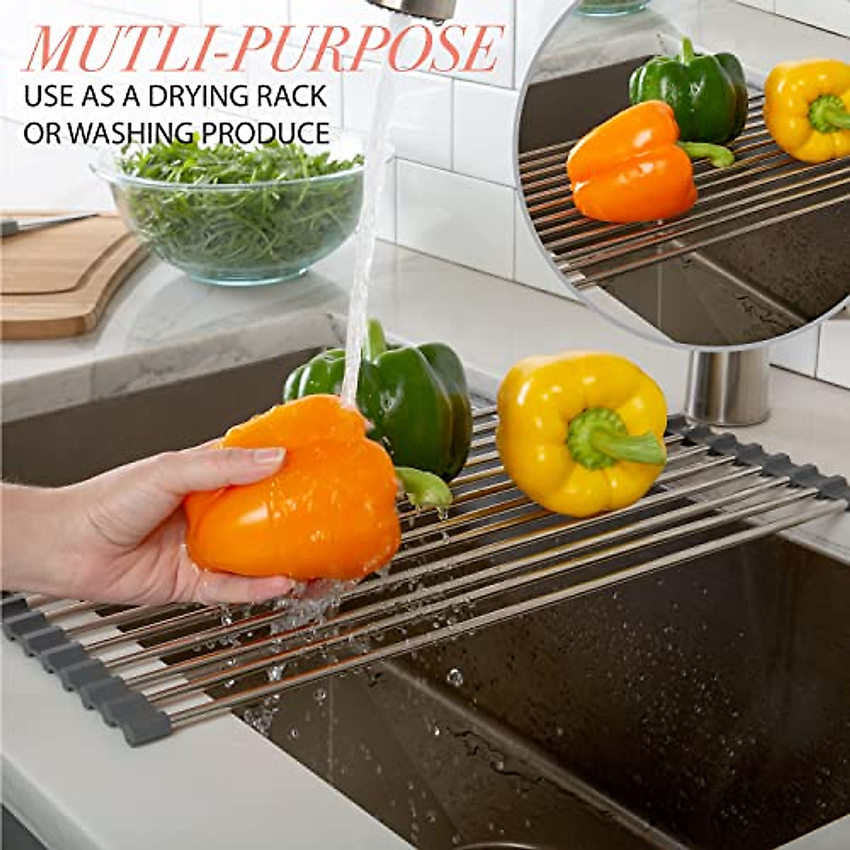 Kitchen Details Over The Sink Drying Rack | Roll Up Dish Mat | Easy Storage | Stainless Steel | Non-Slip Silicone | Drain Tray | BPA Free | Food Safe | Space Saving | Grey