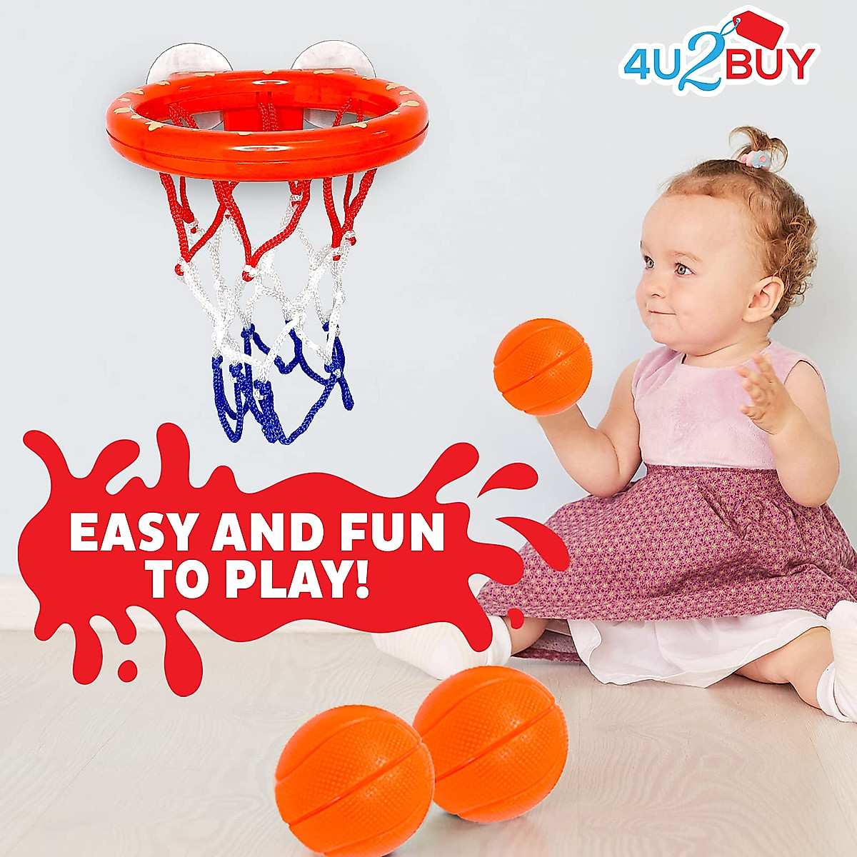 Kid Bath Toys Bathtub Basketball Hoop and 3 Balls Set by 4U2BUY – Strong Suction Cup Bath Toys for Kids – Bathroom Ball Shooting Game for Kids