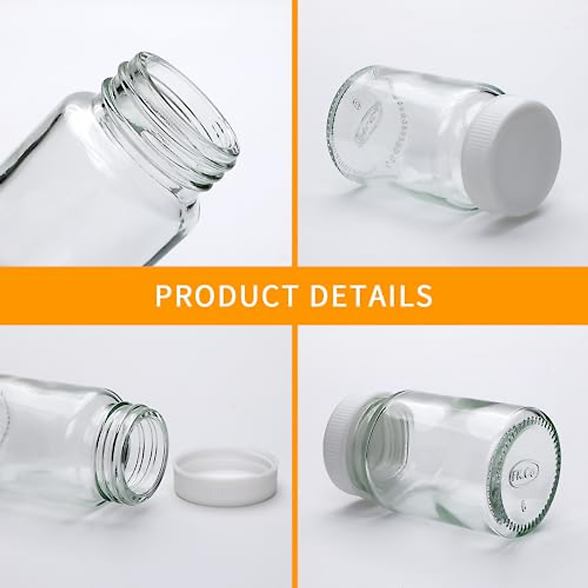 Woaiwo-q 24 Pack 2 oz Glass Shot Bottles w/White Lids - Small Clear Jar for Ginger Shot, Juice, Sample, Whiskey - Travel Essentials Mini Bottles - Wide Mouth, Leakproof…