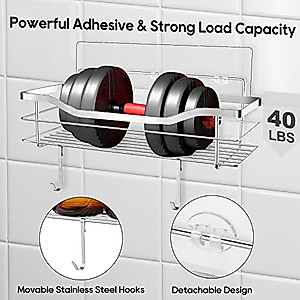 Shower Caddy Basket Rack with Hooks, Bathroom Shower Organizer Shelf, Adhesive Wall Mounted Rustproof Storage for Bathroom, Toilet, Kitchen, Dorm, No Drilling, 304 Stainless Steel, 2 Pack (Silver)