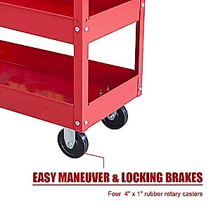 HPDMC 400 LBs Capacity 3 Shelf Steel Service Utility Cart/Steel Tool Service Push Cart, Red