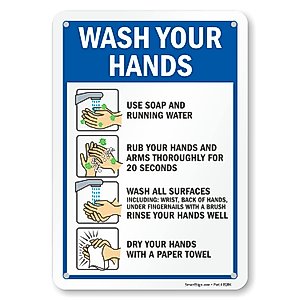 SmartSign 10 x 7 inch “Wash Your Hands” Metal Sign with Instructions, Screen Printed, 40 mil Laminated Rustproof Aluminum, Multicolor, Made in USA