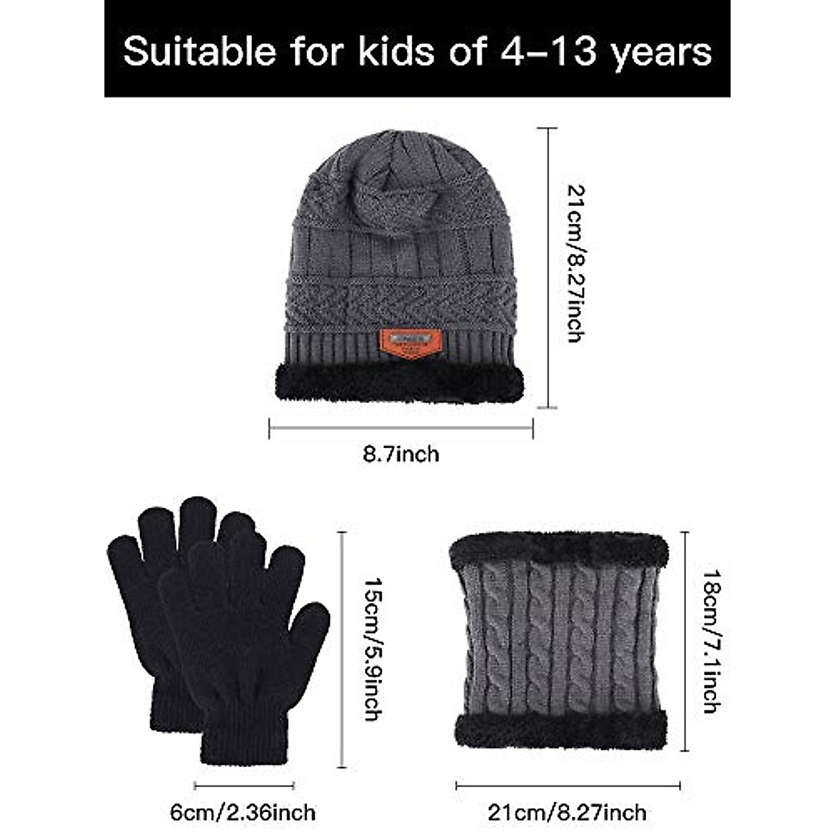 Kids Winter Hat Glove Scarf Sets Knitted Toddler Cap Beanie All Fingers Gloves Mitten Neck Warmer for Boys Girls (Black, Grey)
