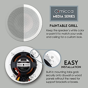 Micca M-8C 2-Way in-Ceiling Round Speaker, 9.4" Cutout Diameter, Whole House Audio, Home Theater, Indoor or Covered Outdoor, 8" Woofer, 1" Tweeter, White, Paintable, Each