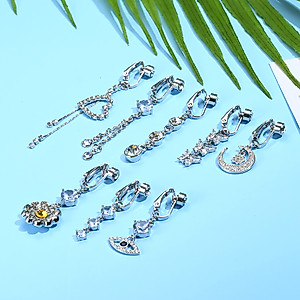 YADOCA 8 Pcs Fake Belly Piercing for Women Fake Belly Ring Dangle Piercings CZ Non Piercing Jewelry Clip on Belly Button Rings
