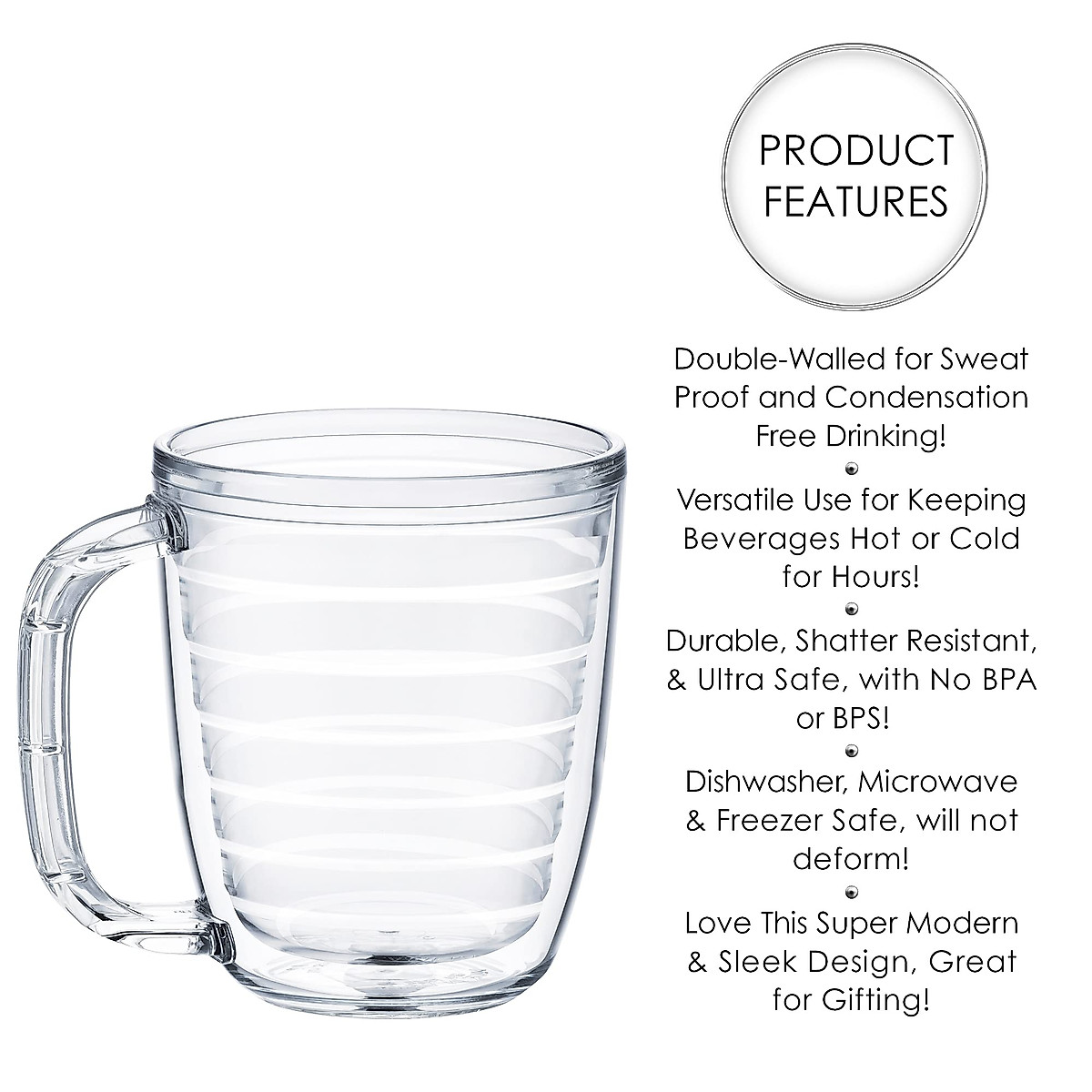 Srenta 12-Ounce Insulated Coffee Mug | Doubled Walled Coffee Tumblers Made From Tritan Plastic | Contains No BPA or BPS | 4-1/4" Clear Tumbler Works in Dishwasher, Microwave & Freezer | 4 Pack