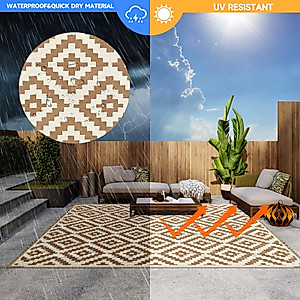 JBGO Outdoor Rug - Patio Rug - Reversible Woven Lightweight Large Recycled Plastic Striped Stain Proof Indoor Area Runner Mat - Deck, Patio, Camping, Picnic, Balcony - Doe&Coconut Milk - 5' x 8‘