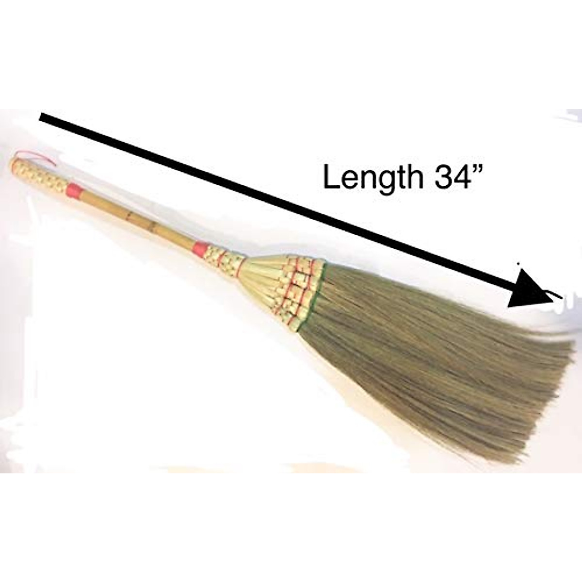 SKENNOVA - 34" of Small Natural Grass Broom for RV's, Cabin & Tents Design Vintage Style of Bamboo Stick Embroidered Woven Thread Nylon Hand Grip Dry Banana Leaf