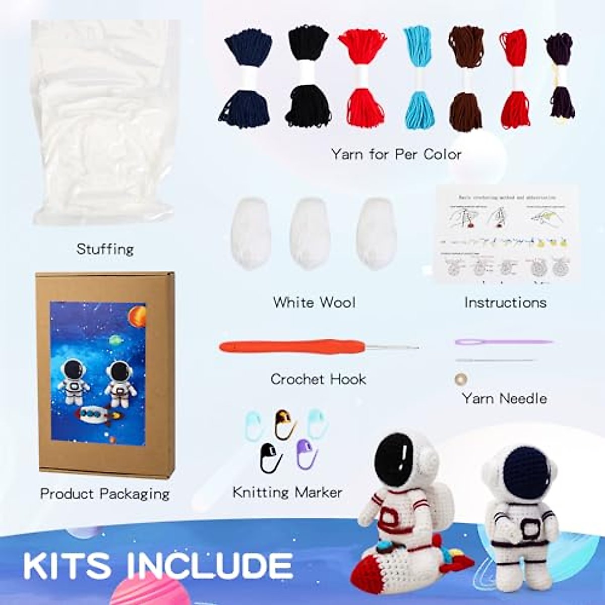 TFitsjoy Crochet Kit for Beginners，Beginner Crochet Kit with Step-by-Step Video Tutorials, DIY Crochet Kit for Beginners Includes Yarn, Eyes, Stuffing, Croche (2PCS Astronaut+Rocket)…